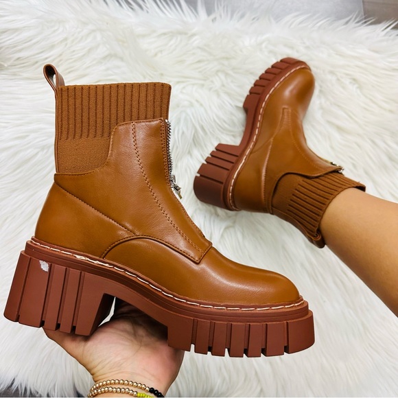 Shoes | Tan Leather Knit Zipper Bootie | Poshmark
